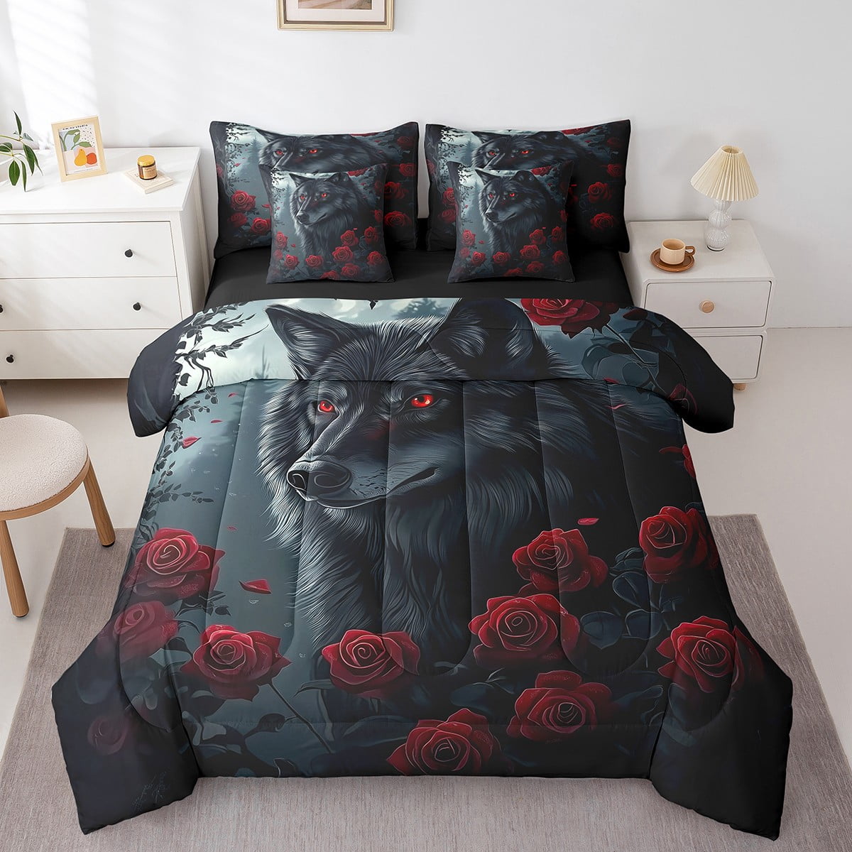 Wolf Bed in a Bag 7 Piece King Boho Exotic Gothic Style Bedding Sets ...