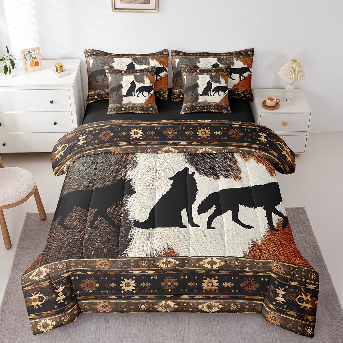 Wolf Bed in a Bag King Size Comforter Set 7 Pieces Geometric Aztec ...