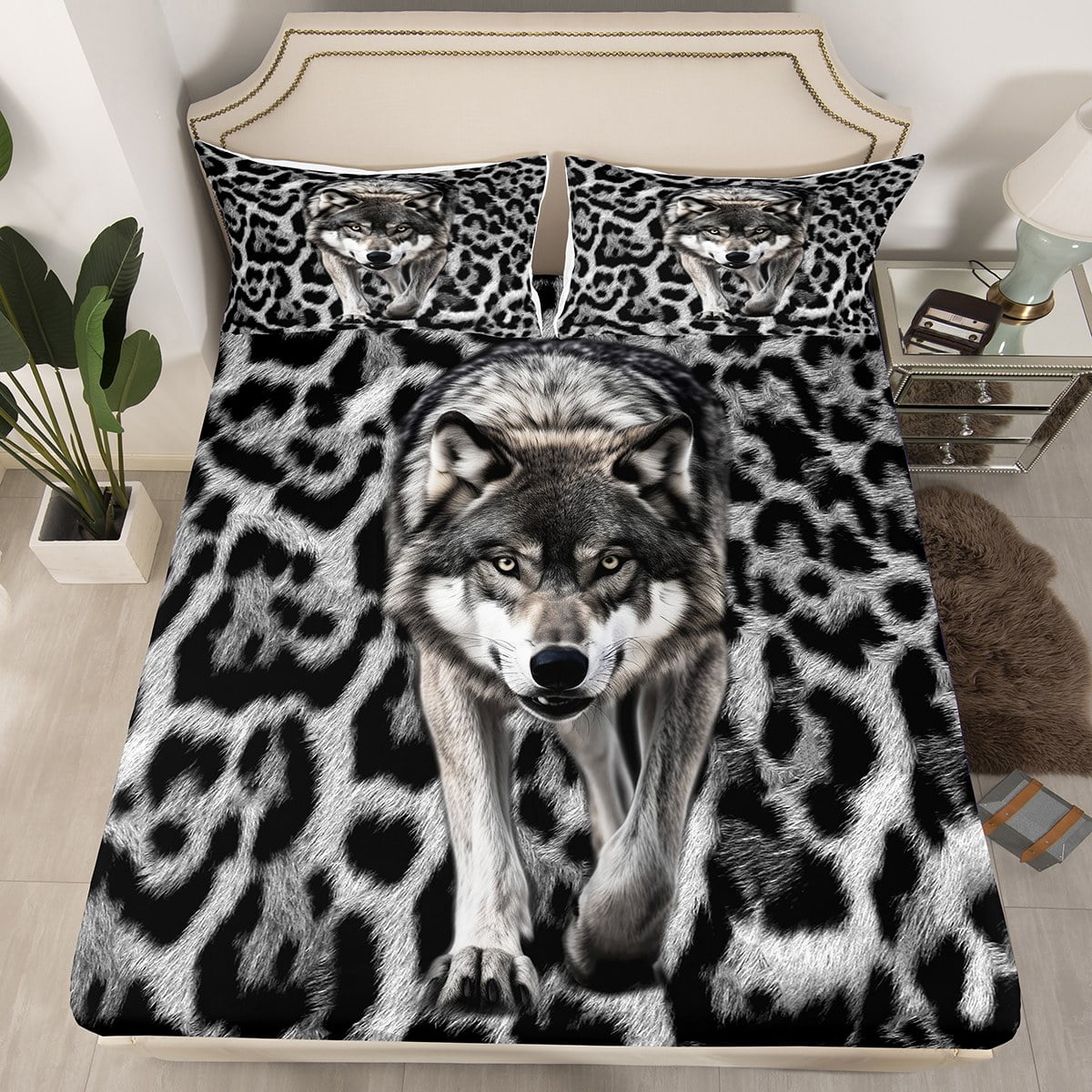 Wolf Bed Set Wild Animal Theme Fitted Sheet Boys Leopard Print Queen ...