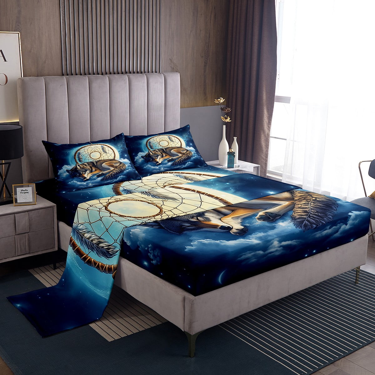 Wolf Bed Sheets Set Dream Catcher Twin Sheet Sets Moon Galaxy White ...
