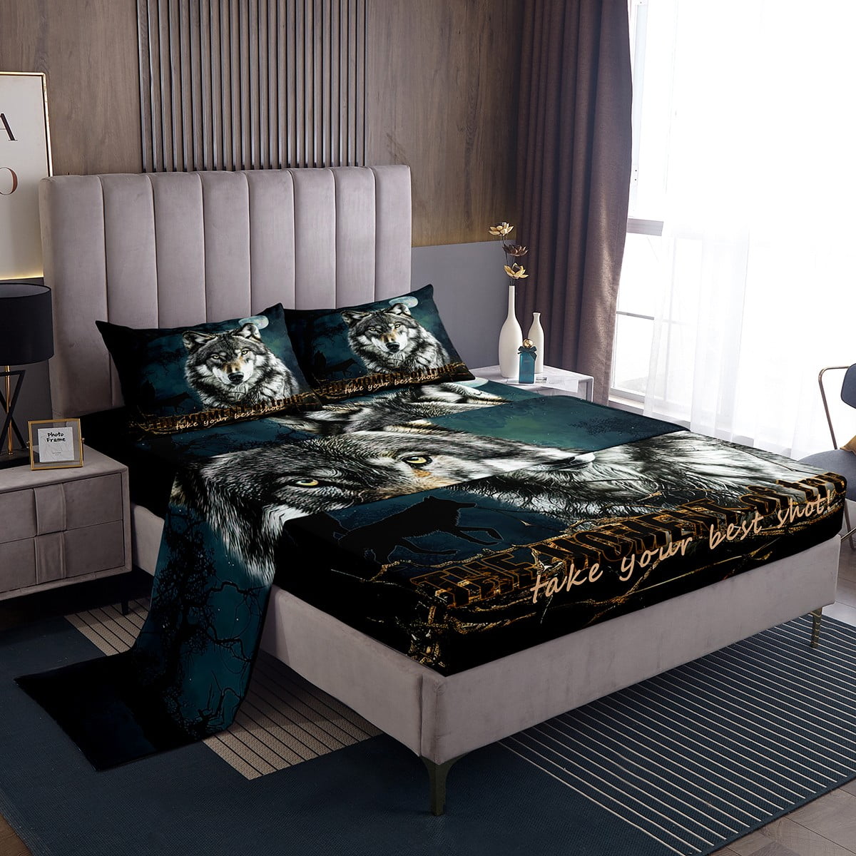 Wolf Bed Sheets Set Queen Size,Wild Animal Theme Sheets Green Blue ...