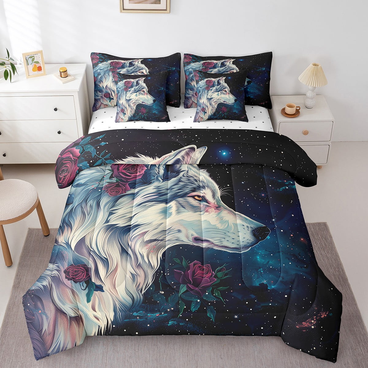 Wolf Bed in a Bag King Size Comforter Set 7 Pieces,Vintage Red Rose ...