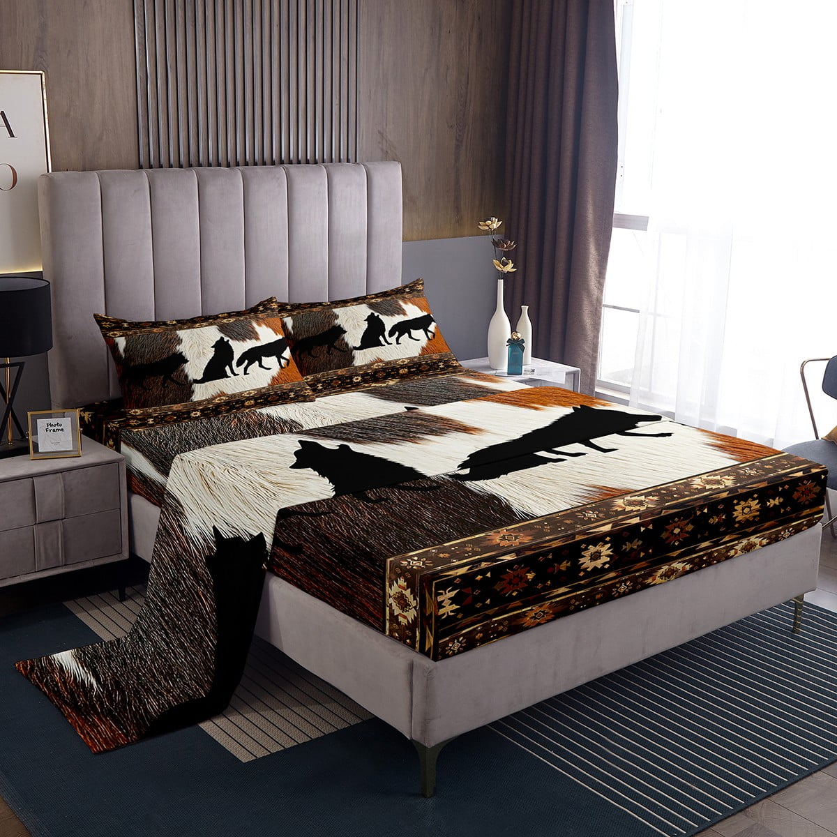 Wolf Bed Sheets Set Geometric Aztec Sheet Set King,Woodland Animals Sheets Cowboy Cowhide Flat ...