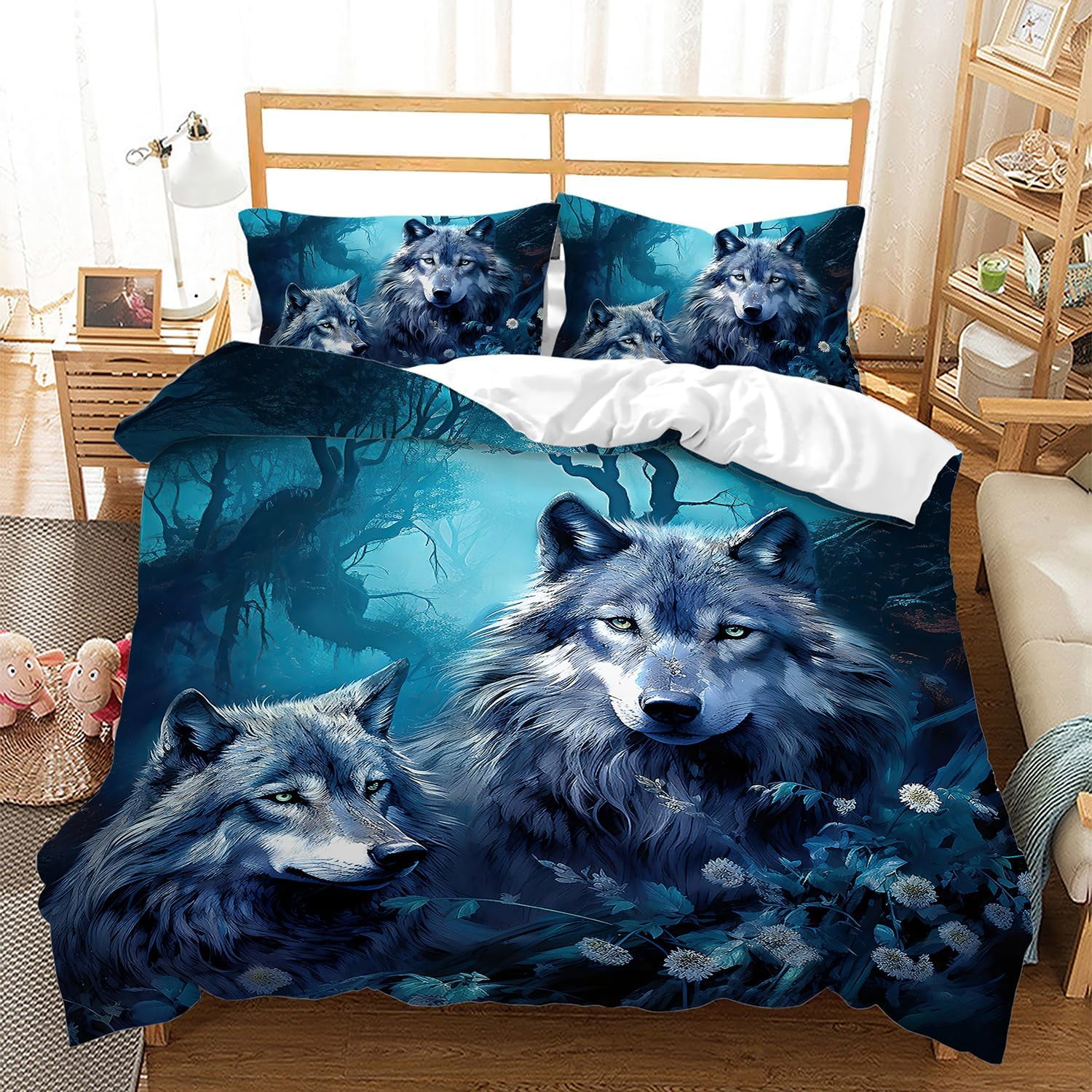 Wolf Bedding Duvet Cover Set, Night Forest Hazy Mist Print Comforter ...