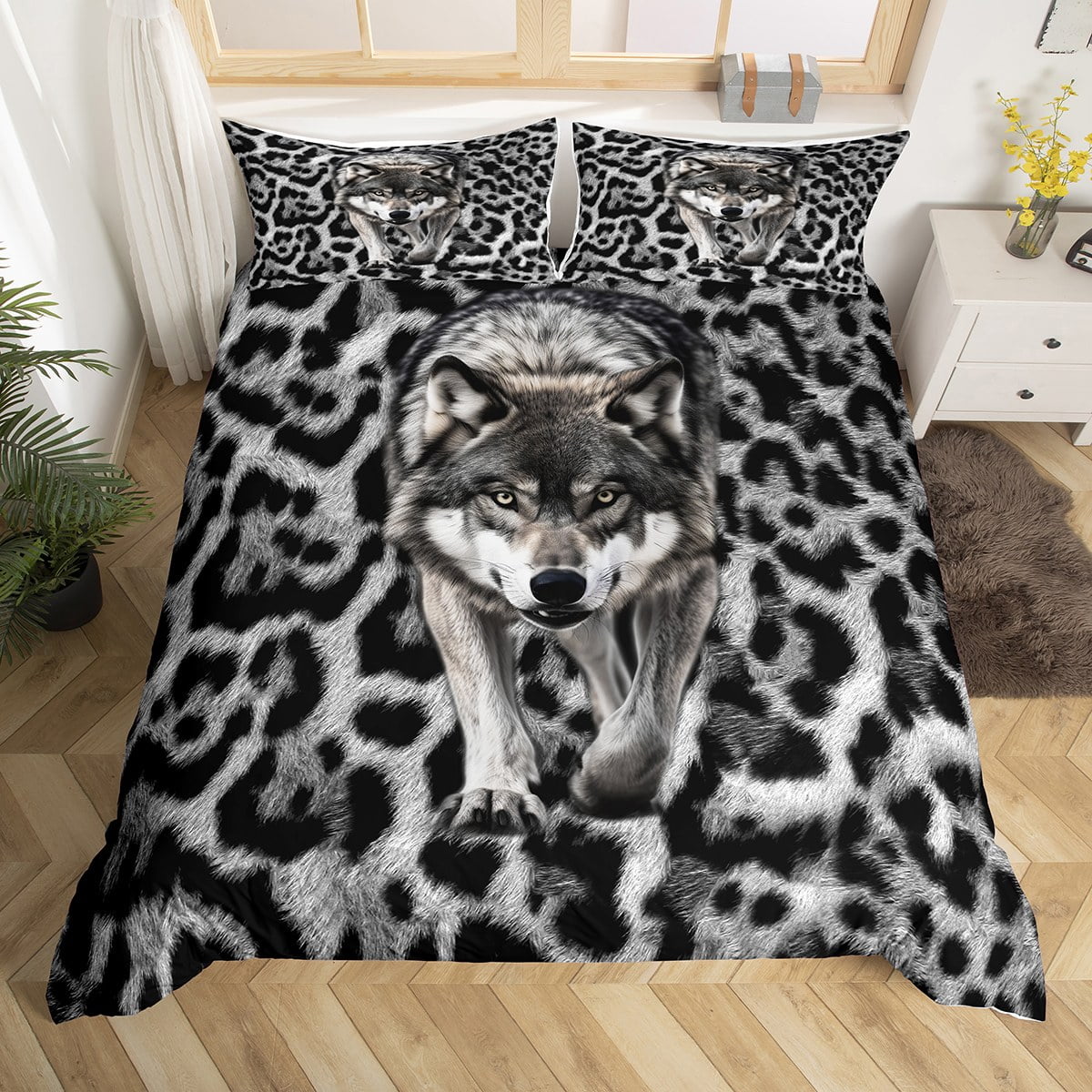 Wolf Bedding Set Animal Theme Duvet Cover Boys Leopard Print Twin ...