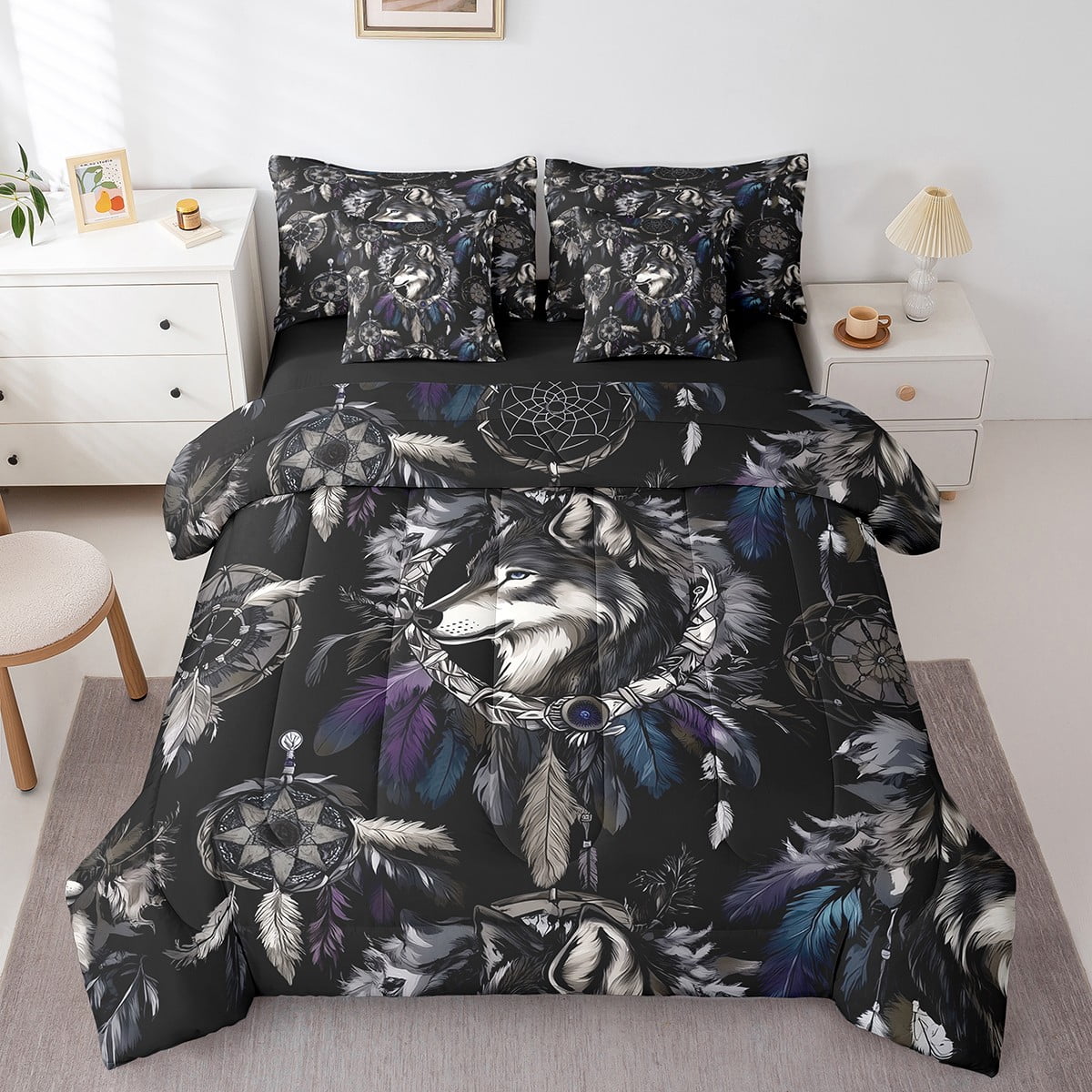 Wolf Bedding Set Full Boho Dream Catcher Feather Comforter Set With ...