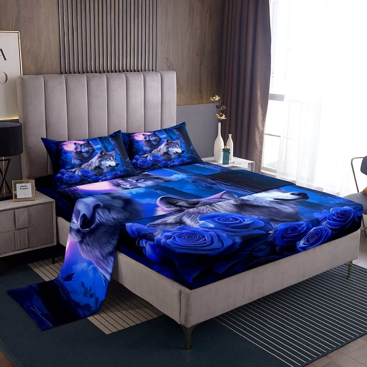 Wolf Bedding Set Full Size For Kids Boys Girls,Blue Rose Flower ...