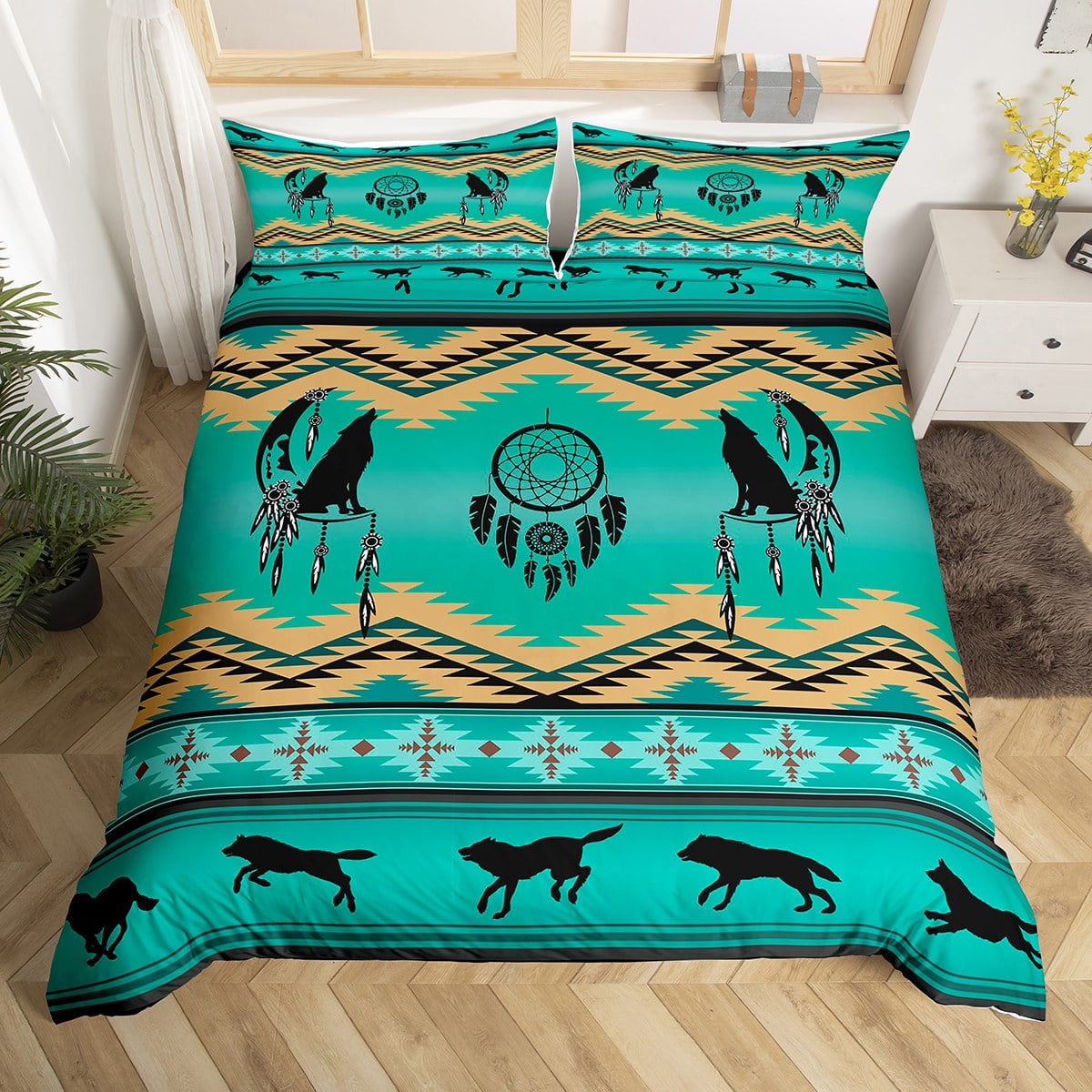 Wolf Bedding Set Queen Moon Dream Catcher Comforter Cover,Southwestern ...