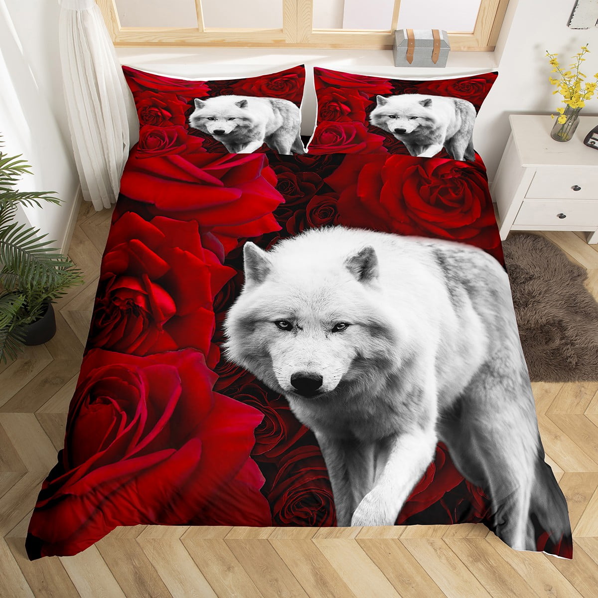 Wolf Bedding Set Red Rose Bush Comforter Cover Women Adult Man,Romantic ...