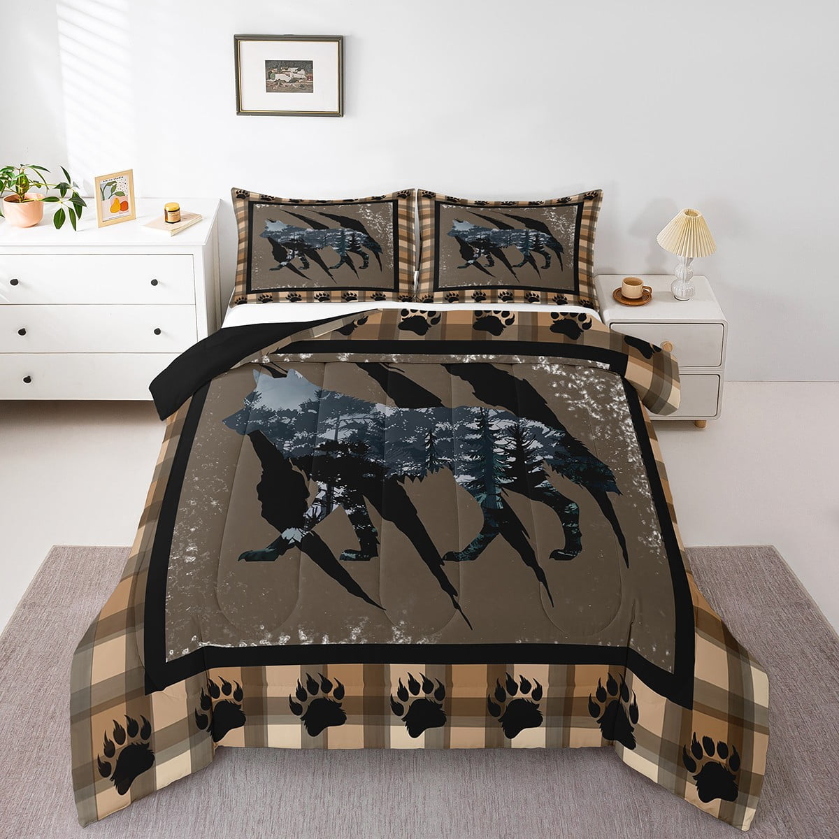 Wolf Bedding Sets Full Rustic Bear Paw Print Comforter Set Western ...