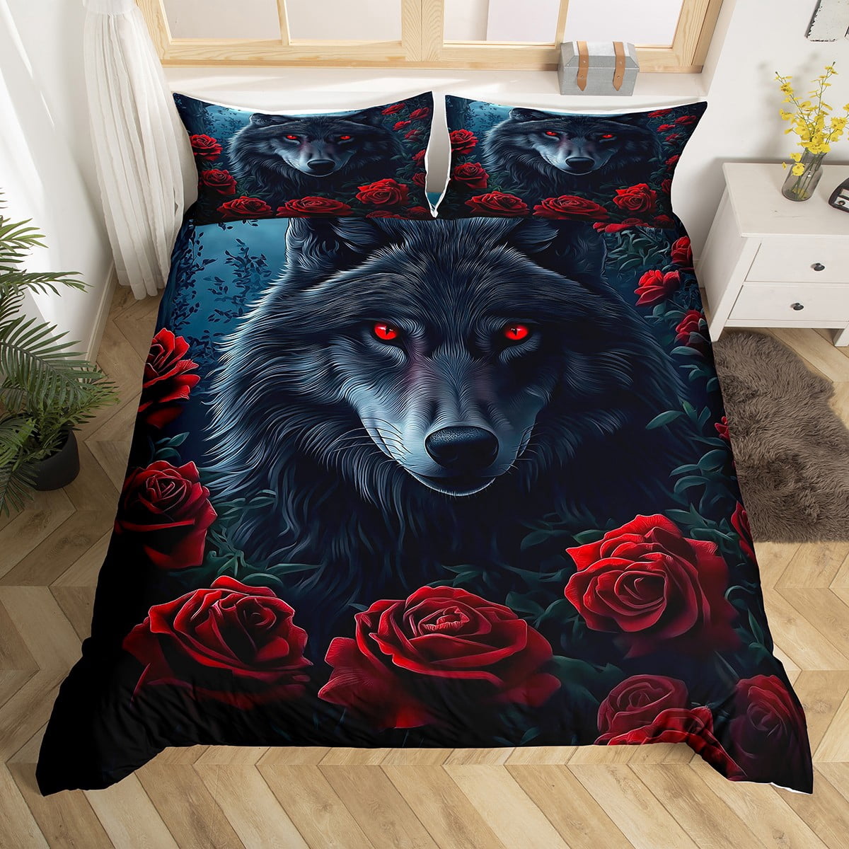 Wolf Bedding Sets Red Rose Floral Duvet Cover Queen Size Rustic ...
