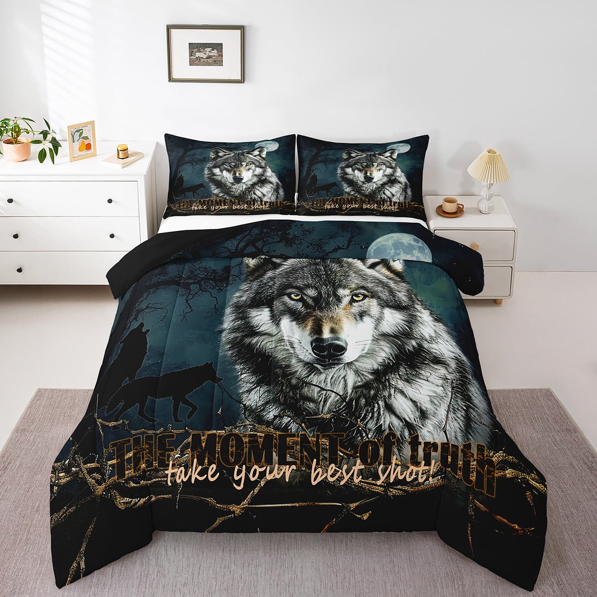 Wolf Bedding,Wild Animal Theme Duvet Set Green Blue Starry Sky Moon ...