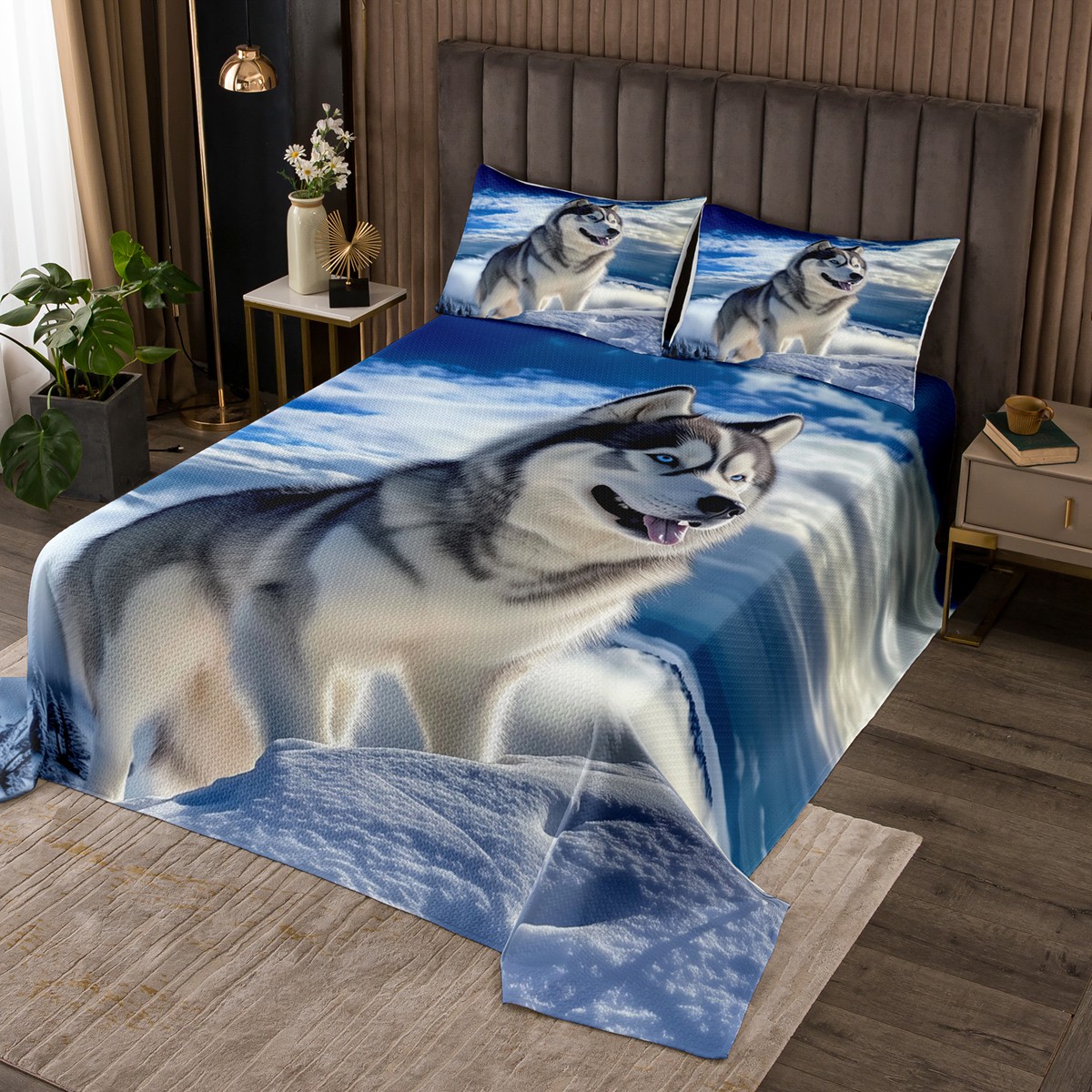 Wolf Bedspread Quilt Winter Snowy Mount Iceberg Blue Sky View Bedding ...