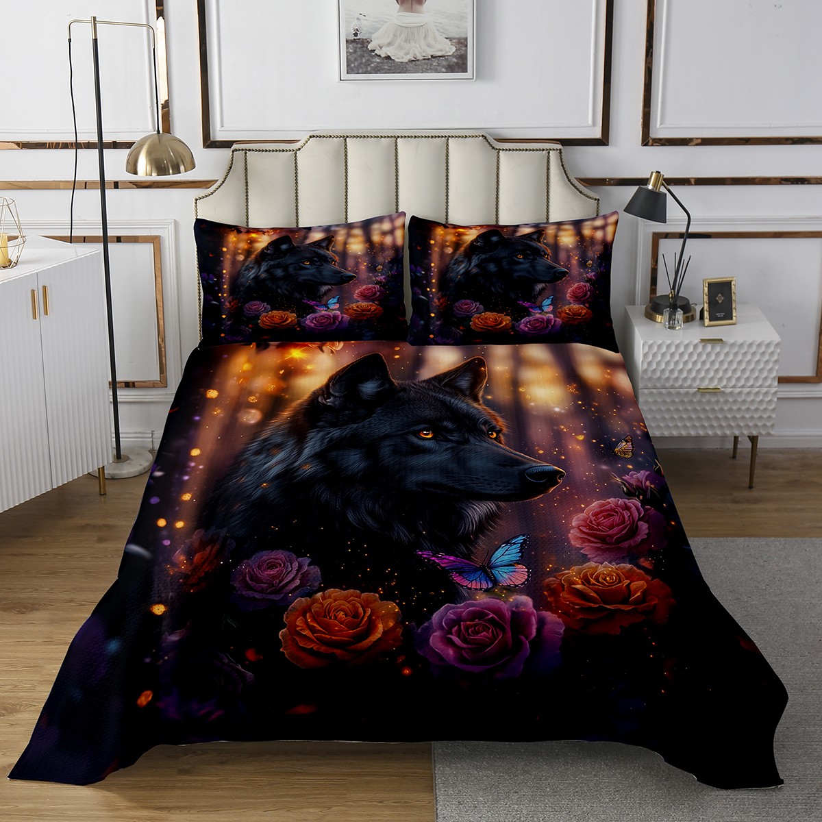 Wolf Bedspread Set Romantic Flowers Coverlet Set,Galaxy Glitter ...