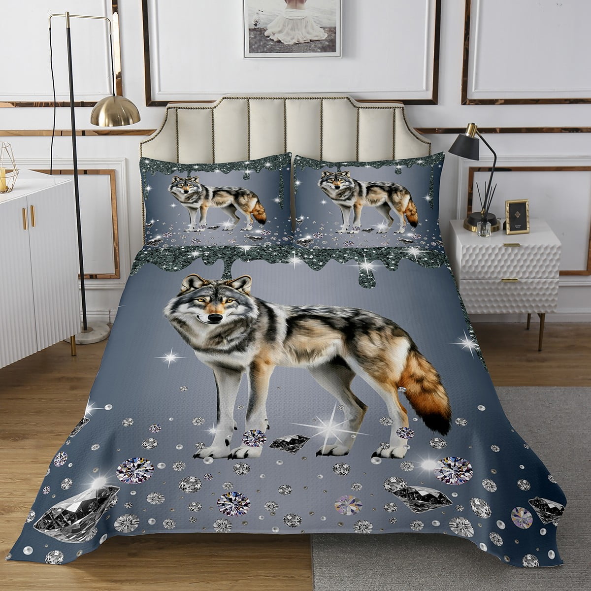 Wolf Bedspread Set Sliver Sequin Fluid Art Coverlet Set,Crystal Diamond ...