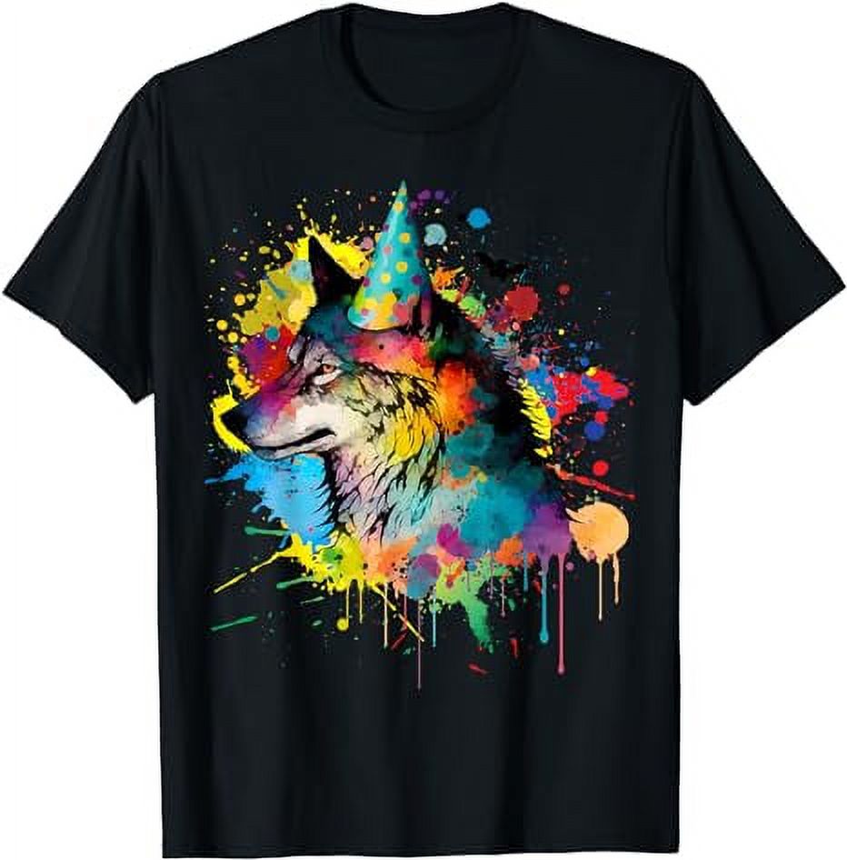 Wolf Birthday Hat Themed Party Wolves Painting Wolf Lover T-Shirt ...