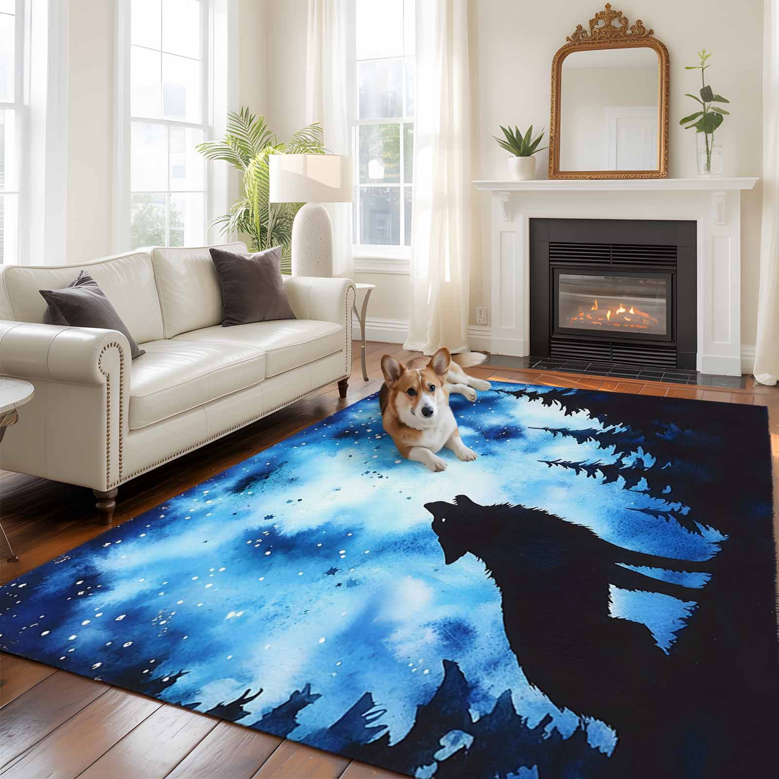 Wolf Black Silhouette Area Rug 5x8 FT, Non Slip Bedroom Throw Carpet ...