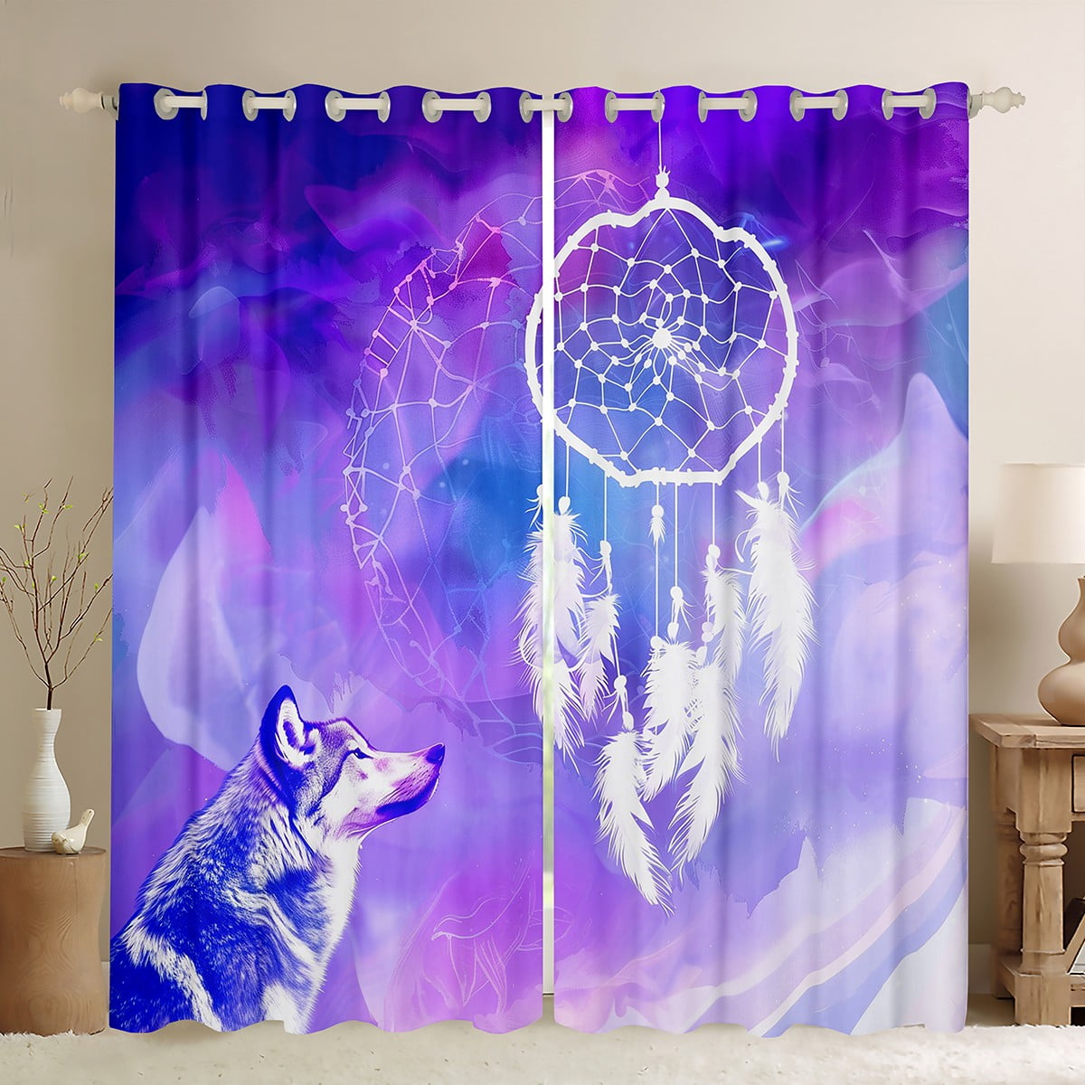 Wolf 30%-50% Blackout Curtains, Dream Catcher Feather Boho Curtains ...