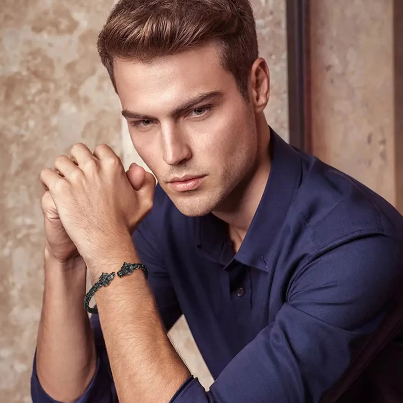 Wolf Bracelet, Wolf Head Woven Cuff Bangle, 14K Yellow Gold Men Arm ...