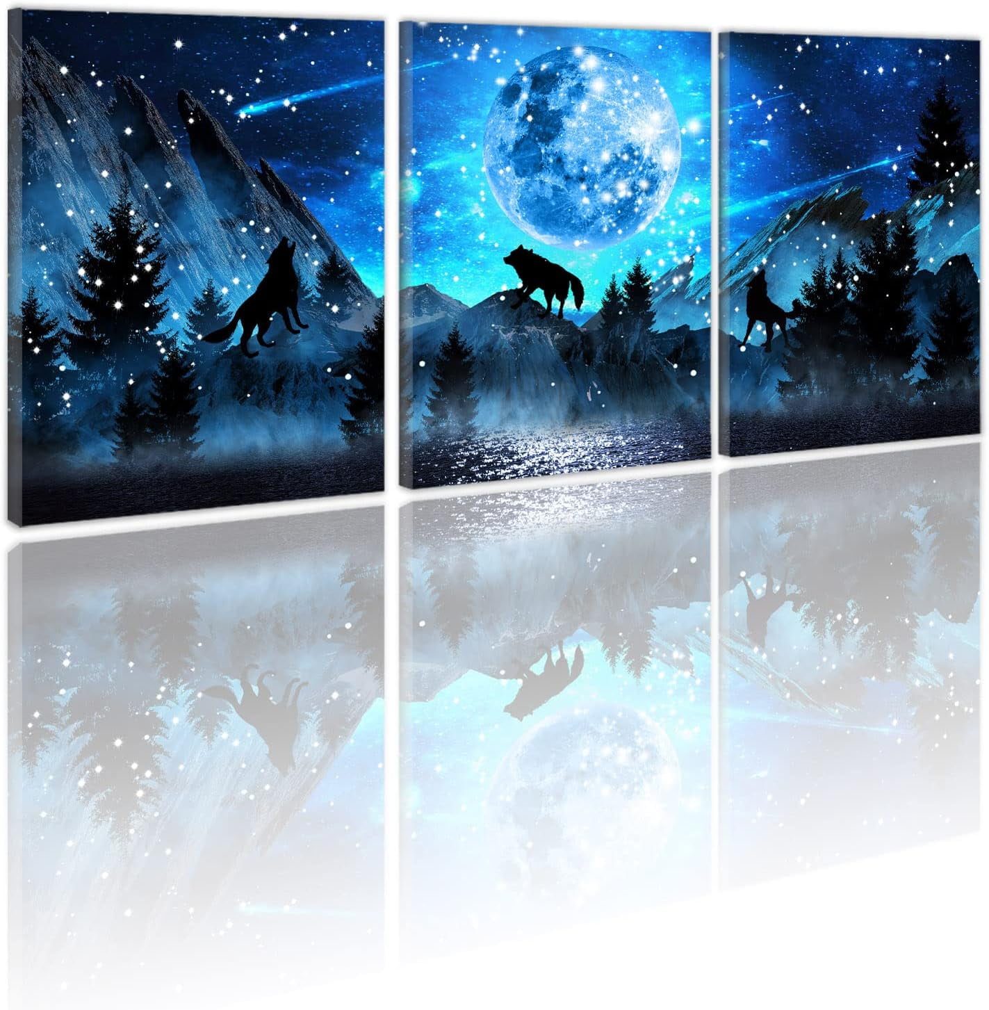Wolf Canvas Wall Art 3 Pieces Framed Wolves Animal Full Moon and Stars ...