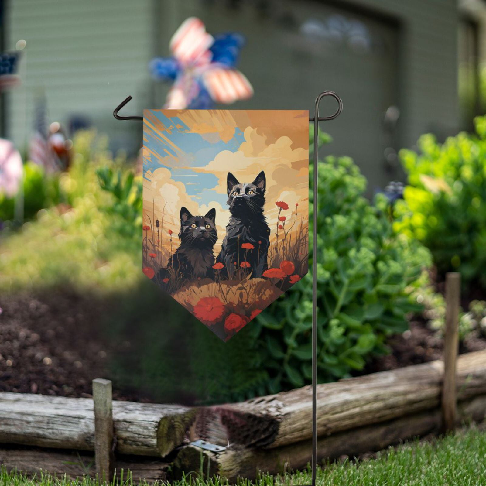 Wolf Cat Flowers Sky Garden Flag 18" x 12.5" Double Sided Yard Lawn ...