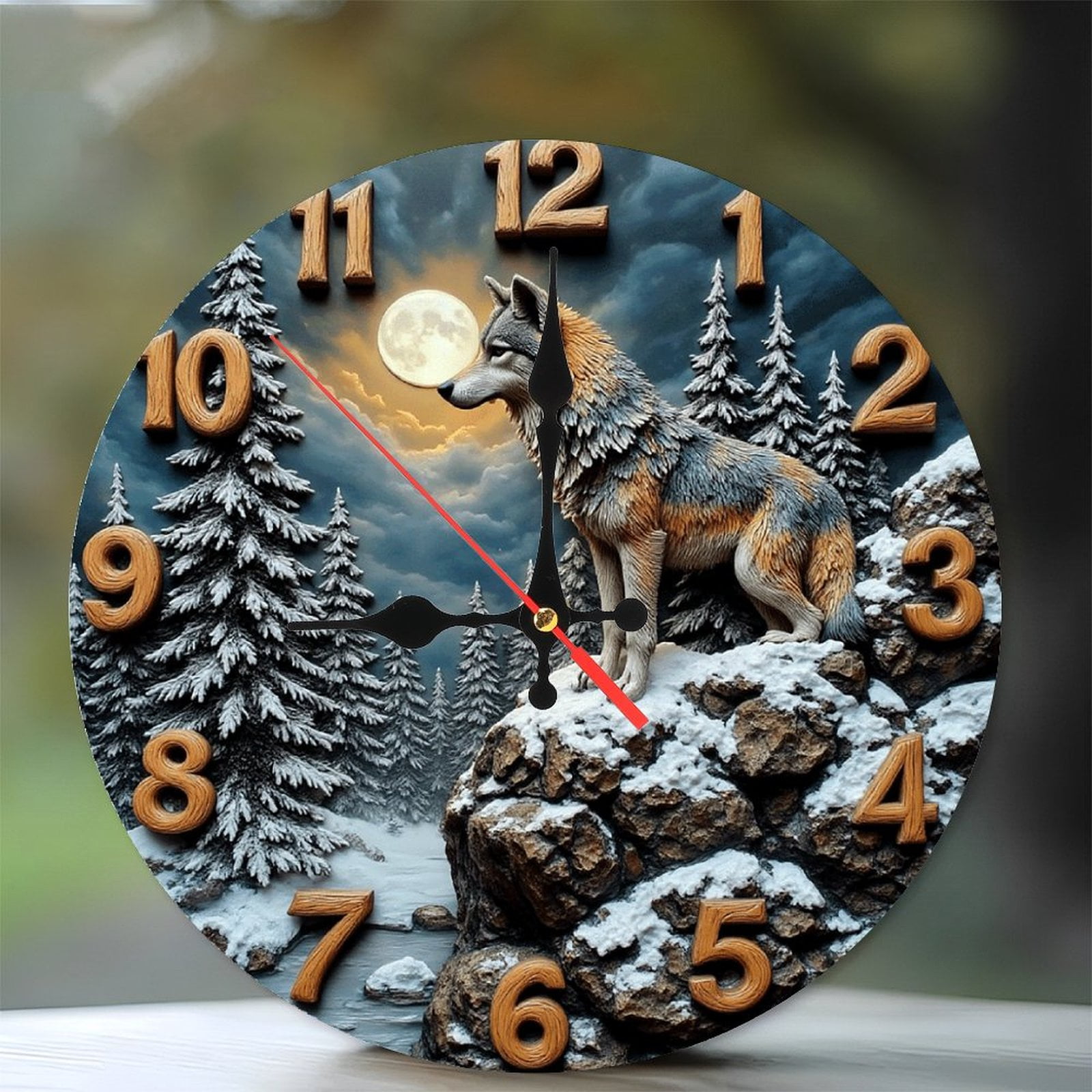 Wolf Clock Mountain Forest Wall Decor 10-Inch Silent Wooden Wall Clock ...