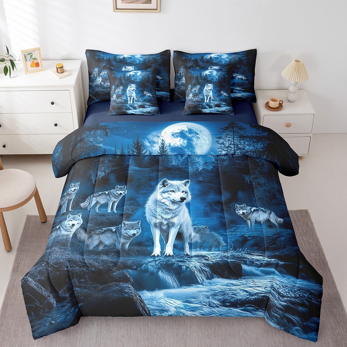 Wolf Comforter 7 Pieces King Size Teen,Moon Lake Decor Flat Sheet ...