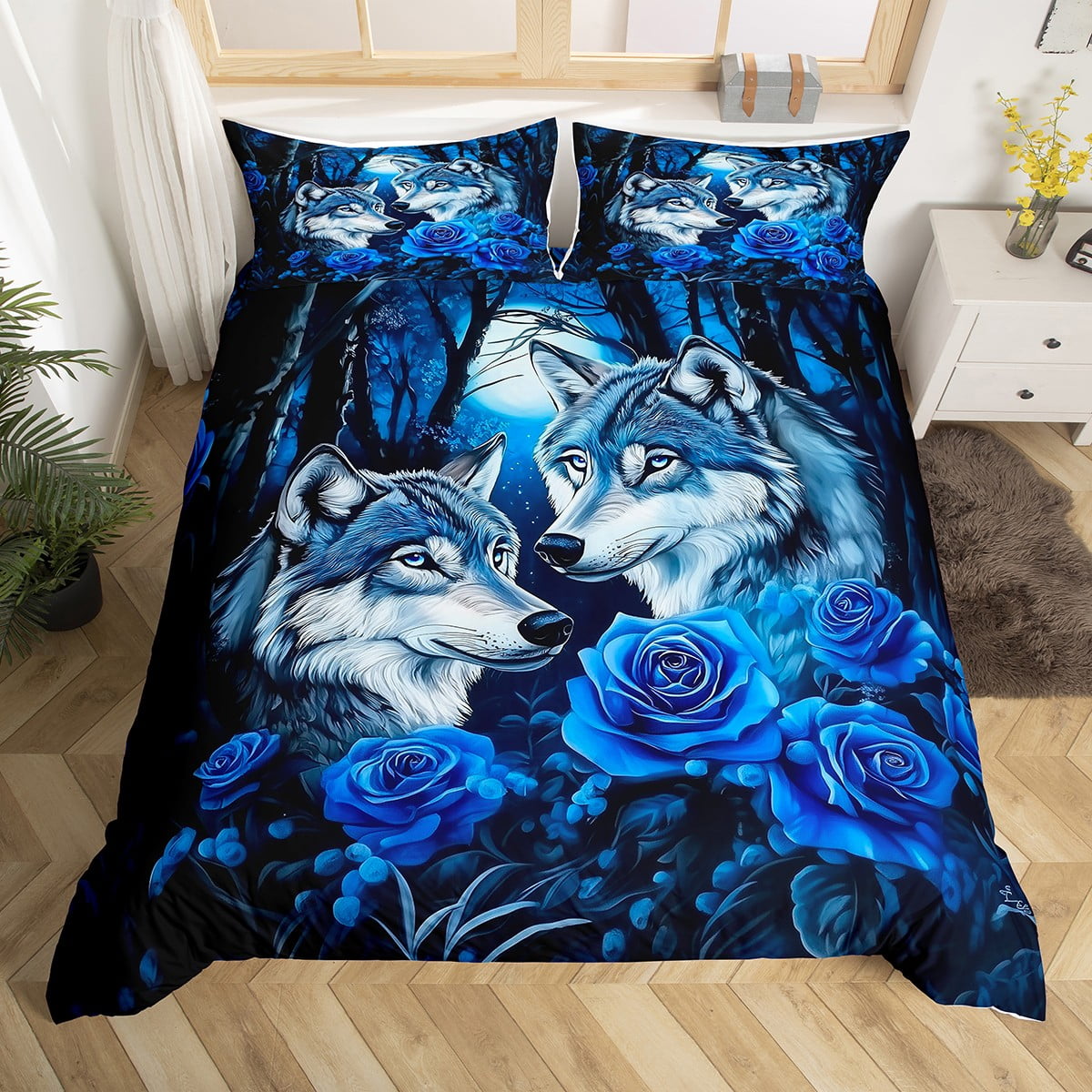 Wolf Comforter Cover King Size,Blue Rose Flowers Bedding Set,Duvet ...
