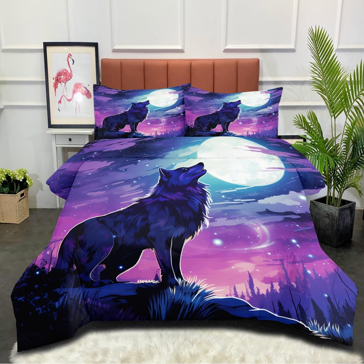 Wolf Comforter Set 90x90 inch Moon Comforters for Summer Wild Stars ...