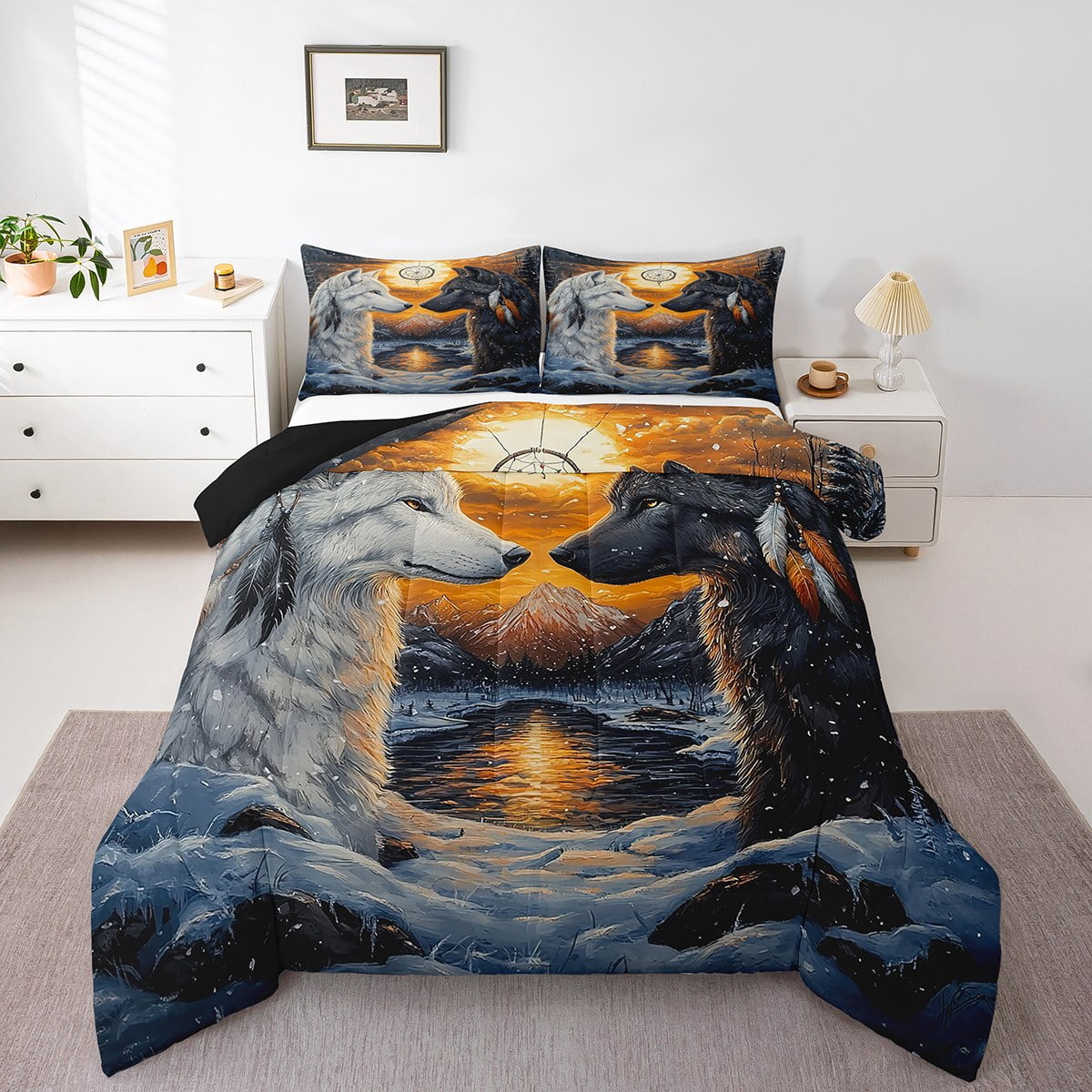 Wolf Comforter Set,Black White Wolves Tribal Feather Dreamcatcher ...