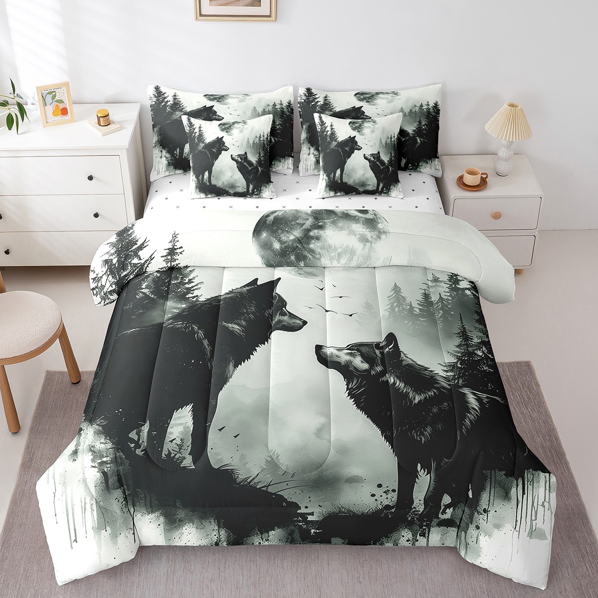 Wolf Comforter Set Full Jungle Wildlife Animals Bedding Set Fantasy Fog ...