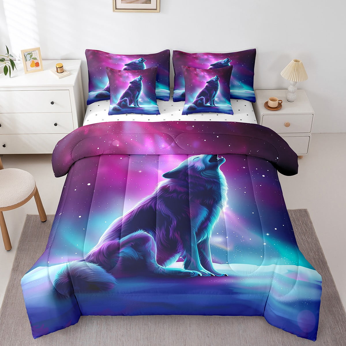 Wolf Comforter Set,Polar Lights Bedding Set Howling Wolves 7 Pieces Bed ...