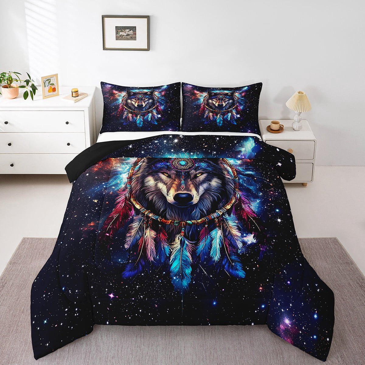 Wolf Comforter Set Queen Size Boho Dreamcatcher Feather Bedding Sets ...