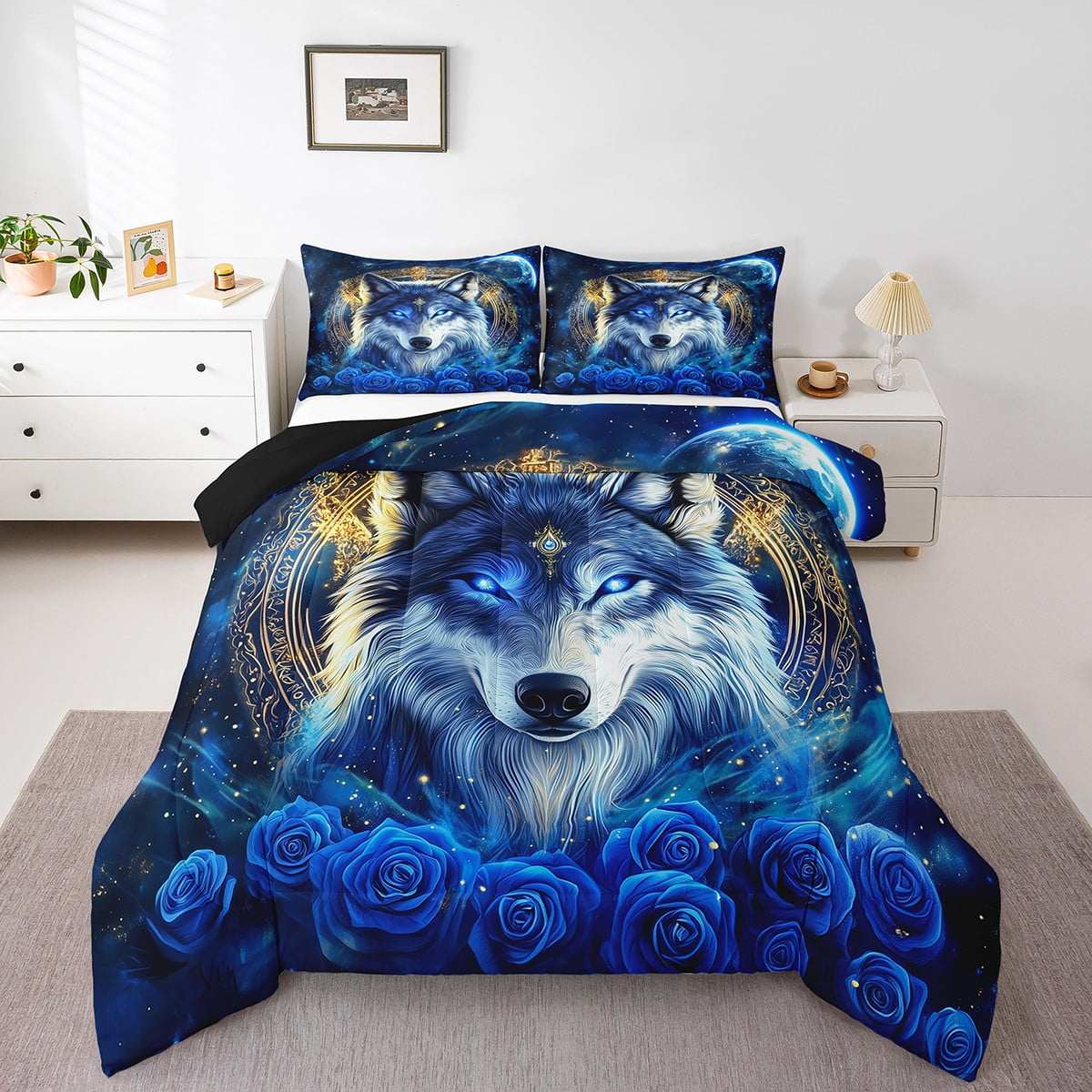 Wolf Comforter Set Queen Size Boho Wolf Print Bedding Sets Blue Rose ...