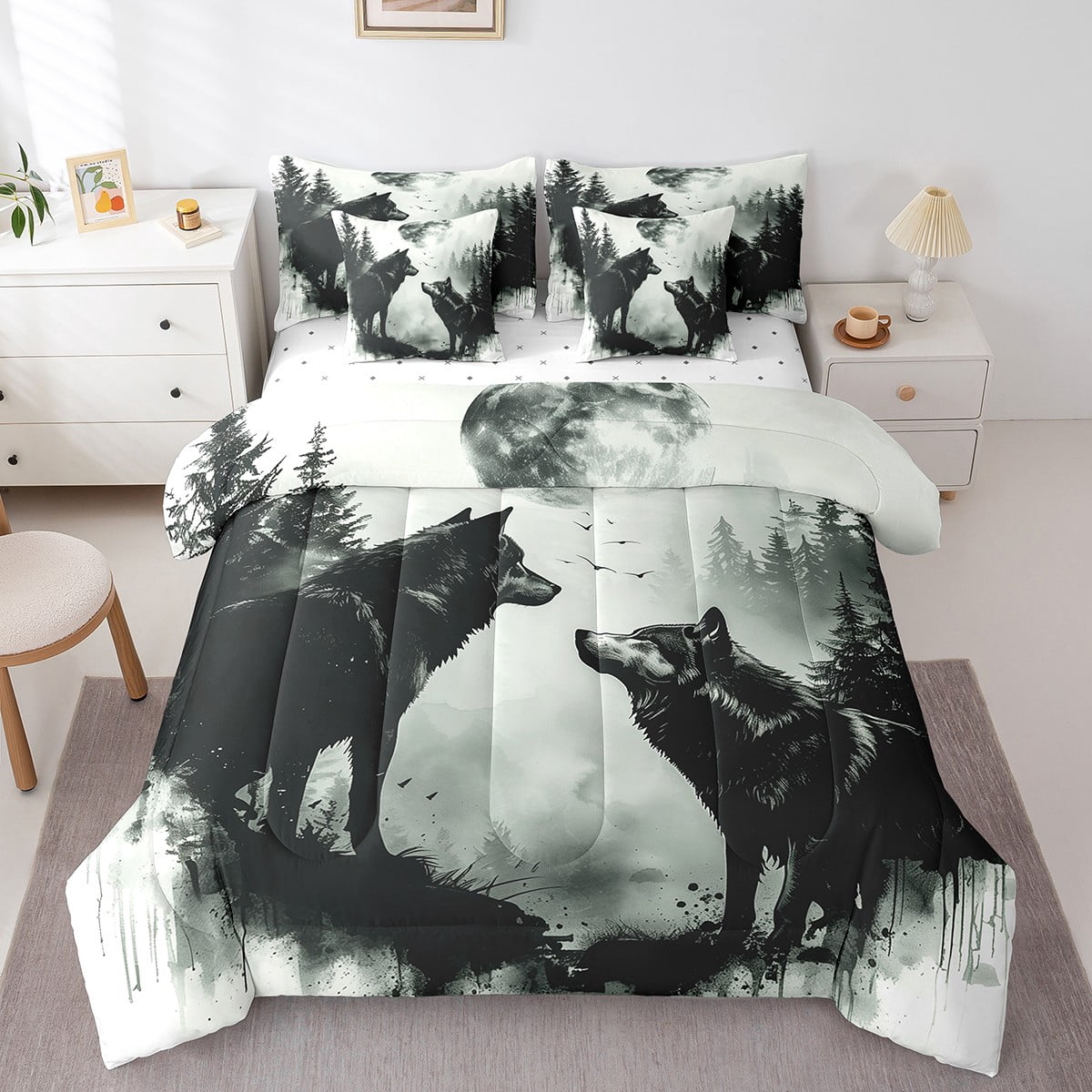 Wolf Comforter Set Twin Jungle Wildlife Animals Bedding Set Fantasy Fog ...