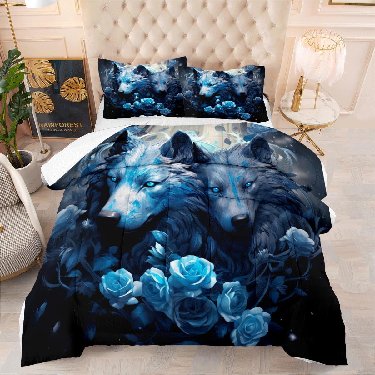 Wolf Comforter Set Wolf Blue Flower Bedding Set 3 Piece for Adults Kids ...