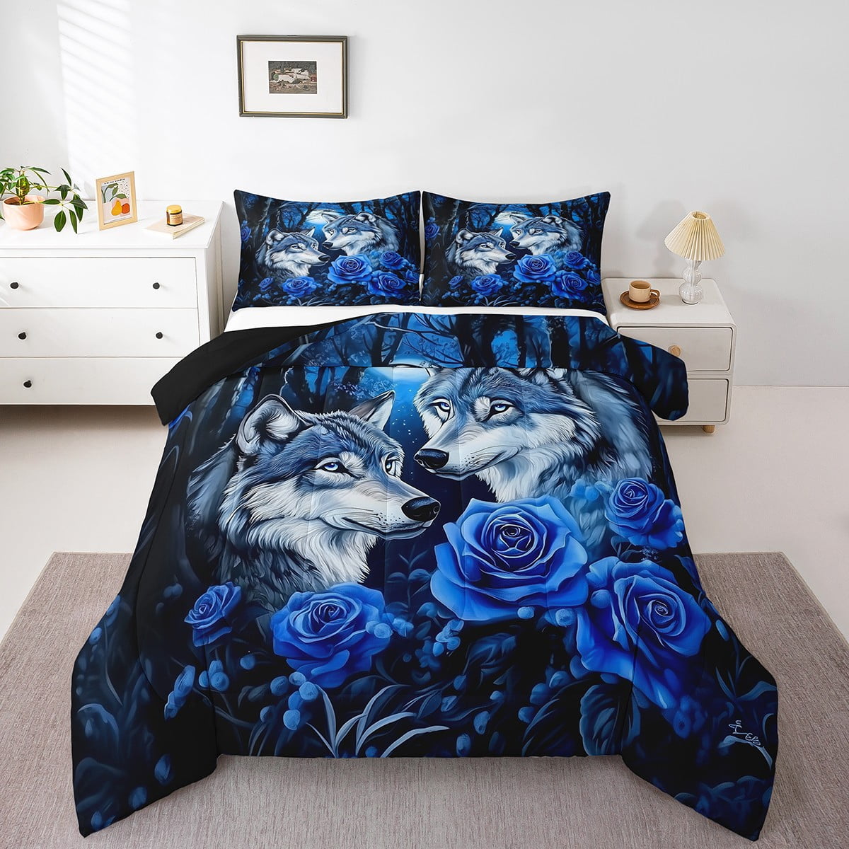 Wolf Comforter Sets Full Size,Blue Rose Flowers Bedding Sets,Down ...