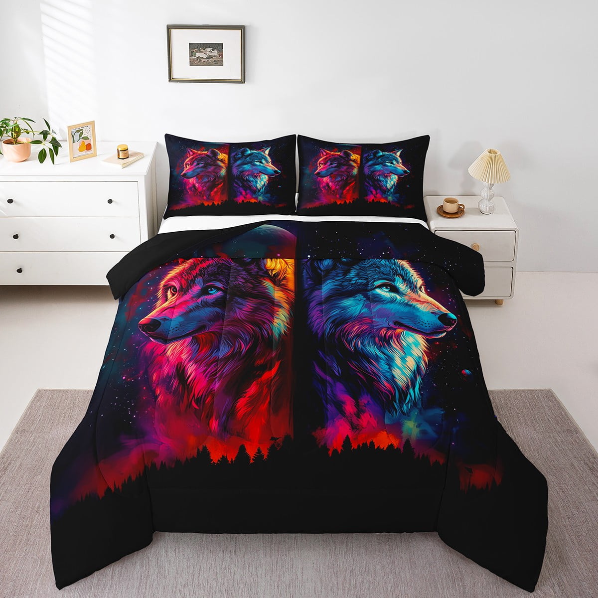 Wolf Down Comforter Watercolor Animals Queen Comforter Set Teens Men ...