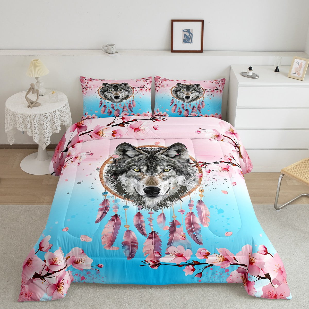 Wolf Comforter Set Bohemian Dream Catchers Queen Bedding Sets ,Cherry ...