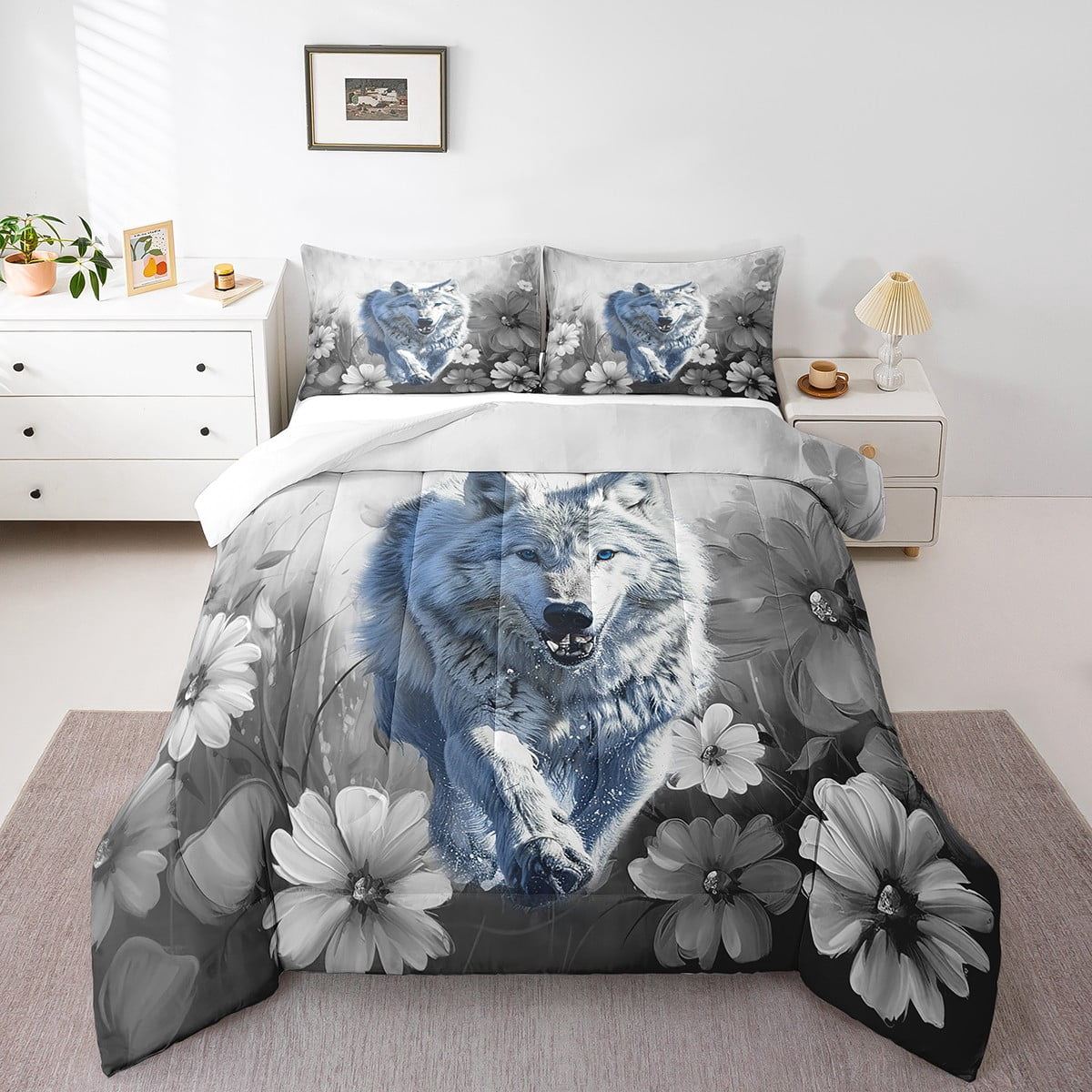 Wolf Comforter Set Daisy Flowers Full Bedding Sets for Girls,Blue ...