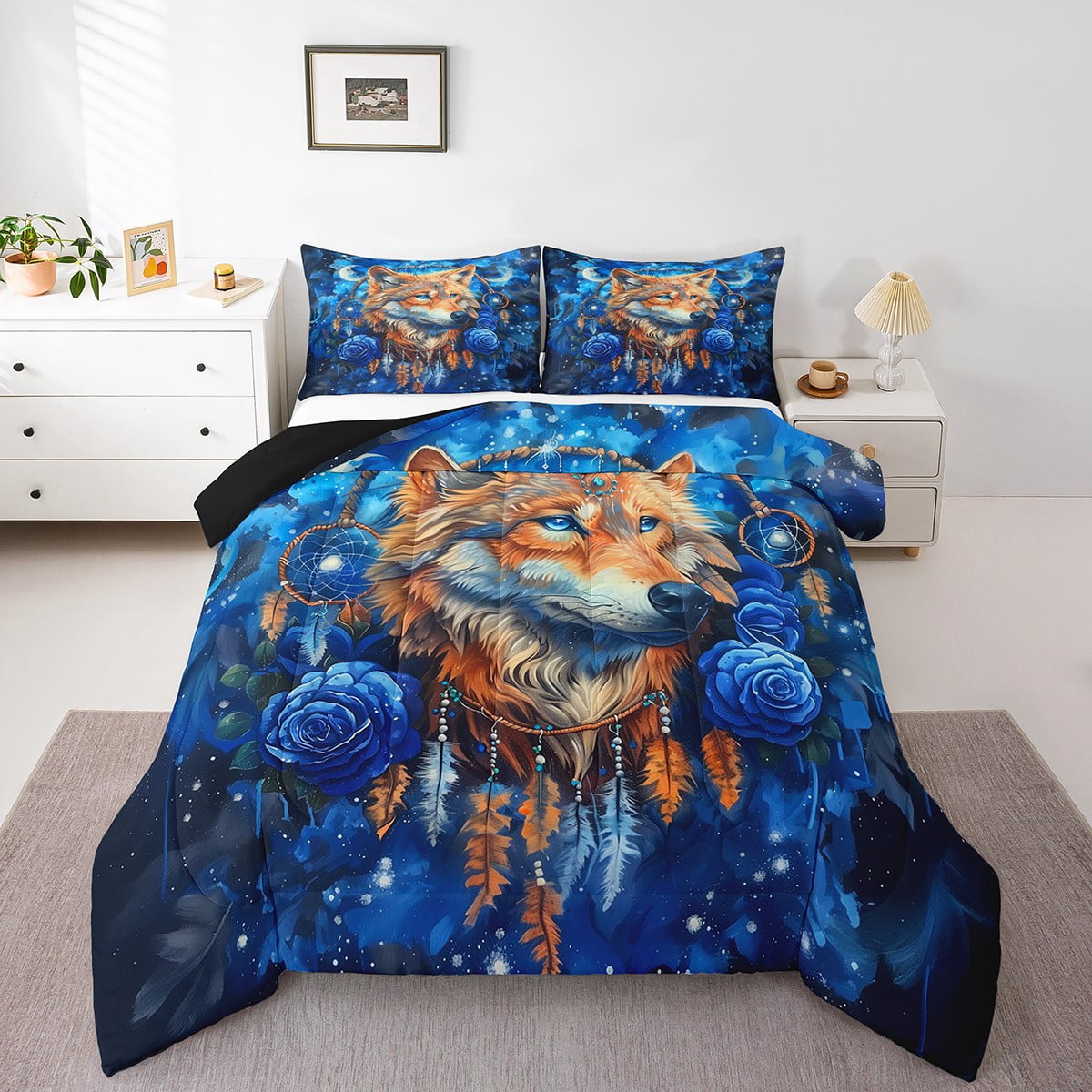 Wolf Comforter Set Dream Catcher King Bedding Set,Boho Feather Blue ...