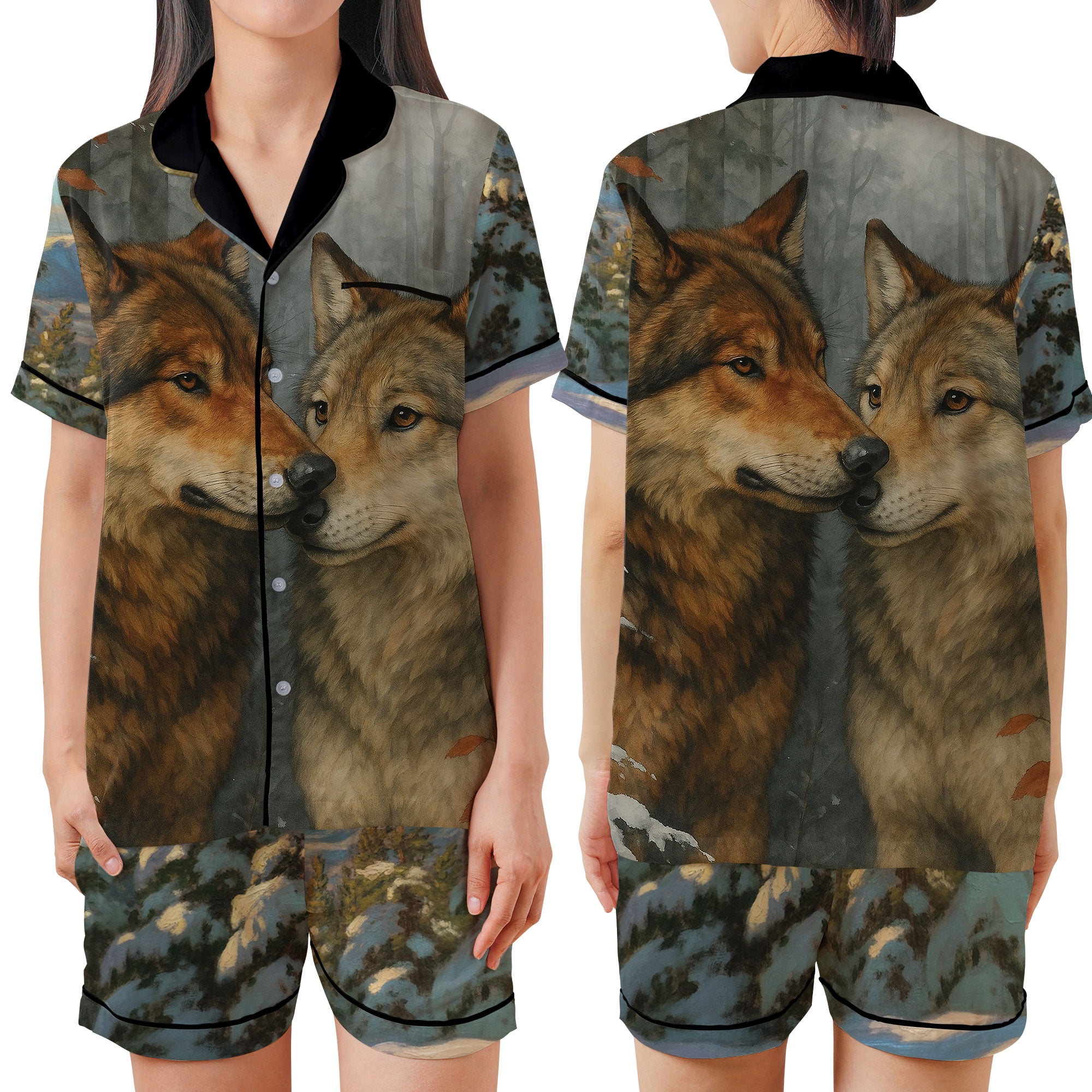 Wolf Couple Pajamas Set – Nature-Inspired Wildlife Sleepwear ...