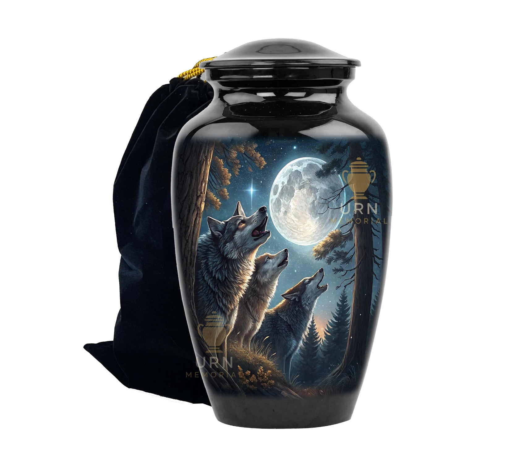 Wolf Cremation Urn for Adults – Forest Scene Memorial Urn in Aluminum ...