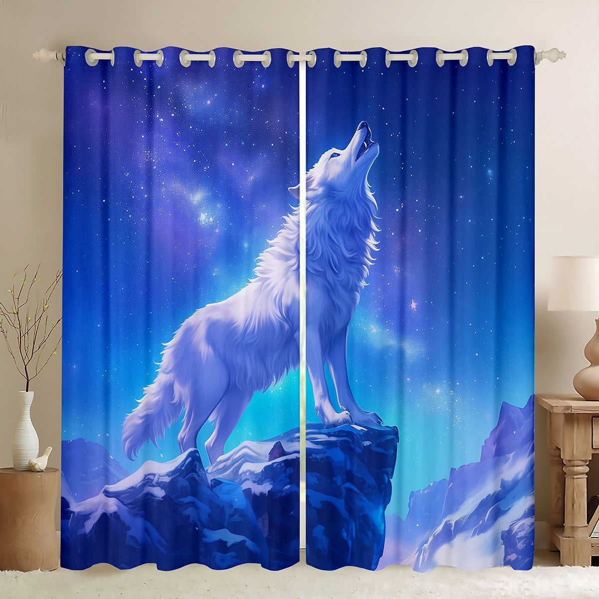 Wolf Curtains & Drapes Purple Blue Starry Sky 30%-50% Blackout Curtains ...