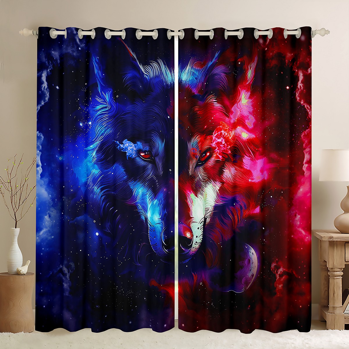 Wolf Curtains Ice Fire Wolf Galaxy Moon 30%-50% Blackout Curtains ...