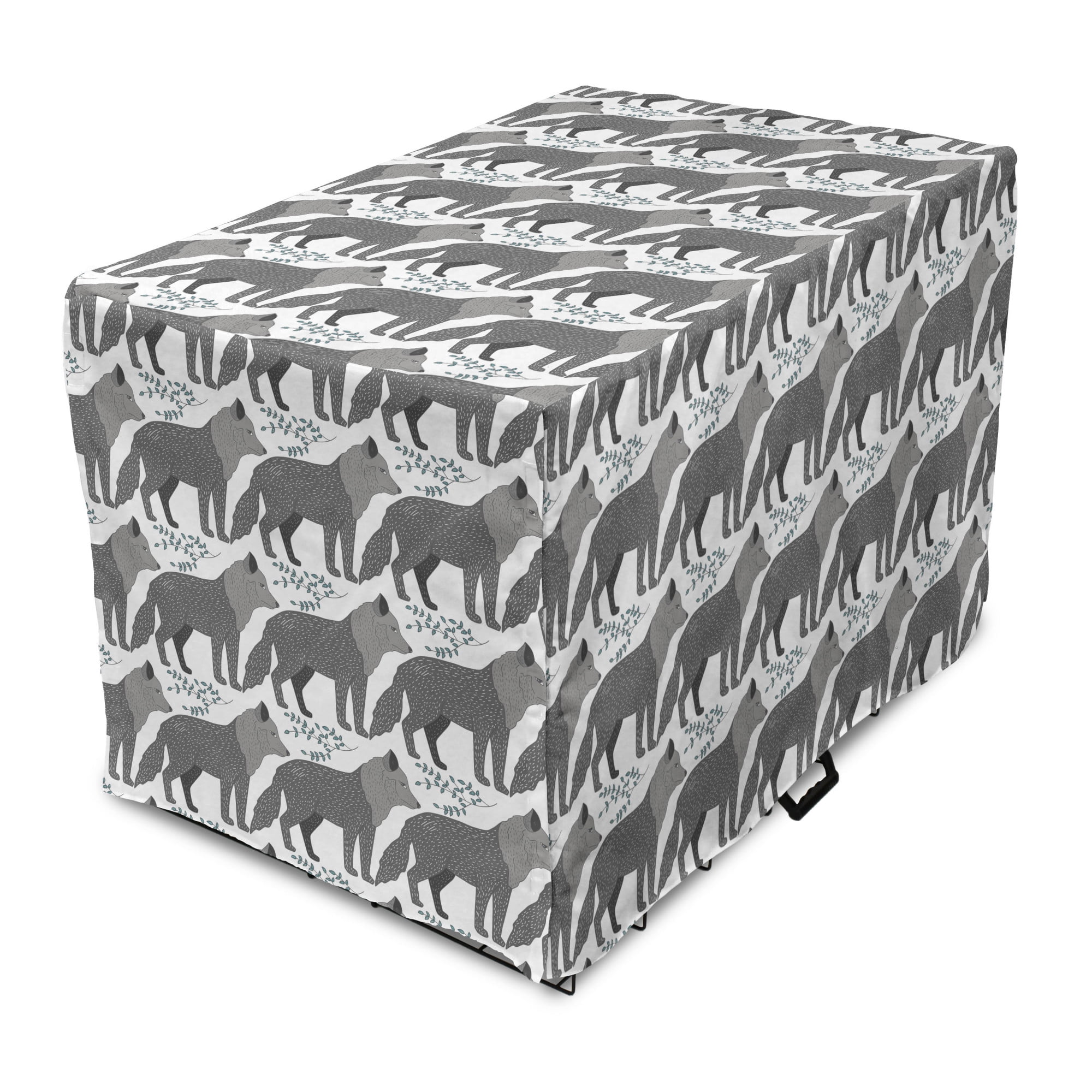 Wolf Dog Crate Cover, Forest Animals Pattern with Leaves in Greyscale ...