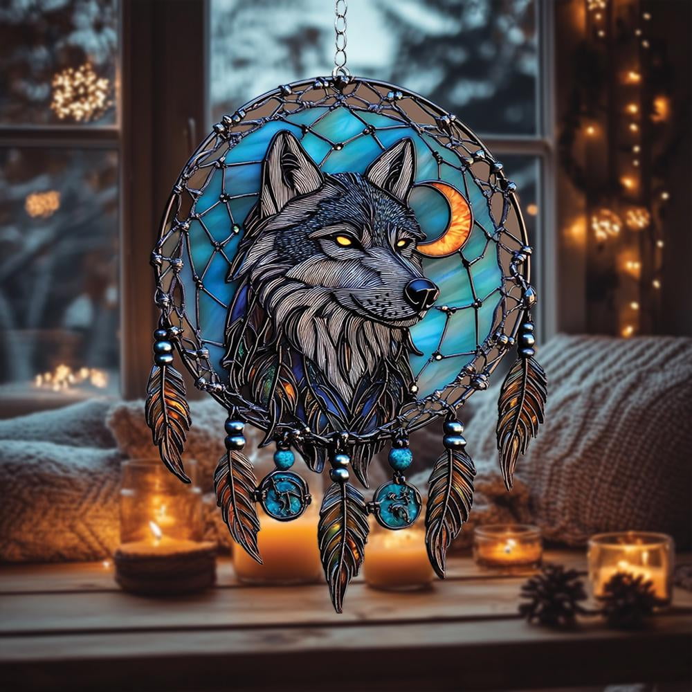 Wolf Dreamcatcher Acrylic Suncatcher, Vibrant Faux Stained Glass Moon ...