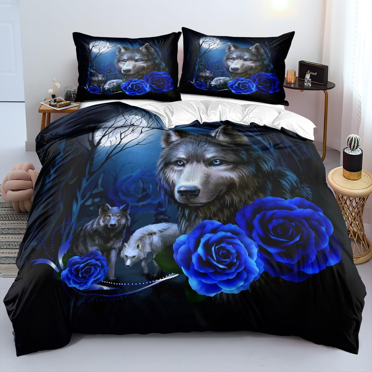 Wolf Duvet Cover Blue Flower Comforter Cover Wolves Animal Print Floral ...