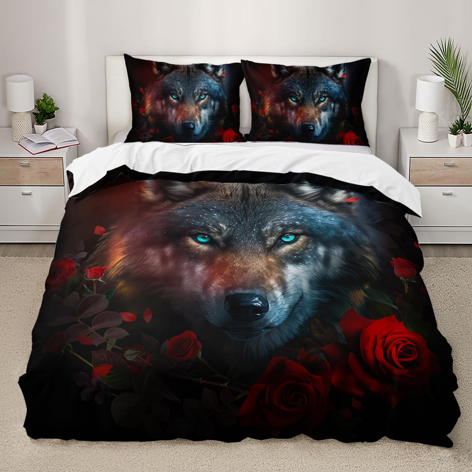 Wolf Duvet Cover Set, 3D Red Rose Wolf Themed Bedding Set,Brown Wolf ...