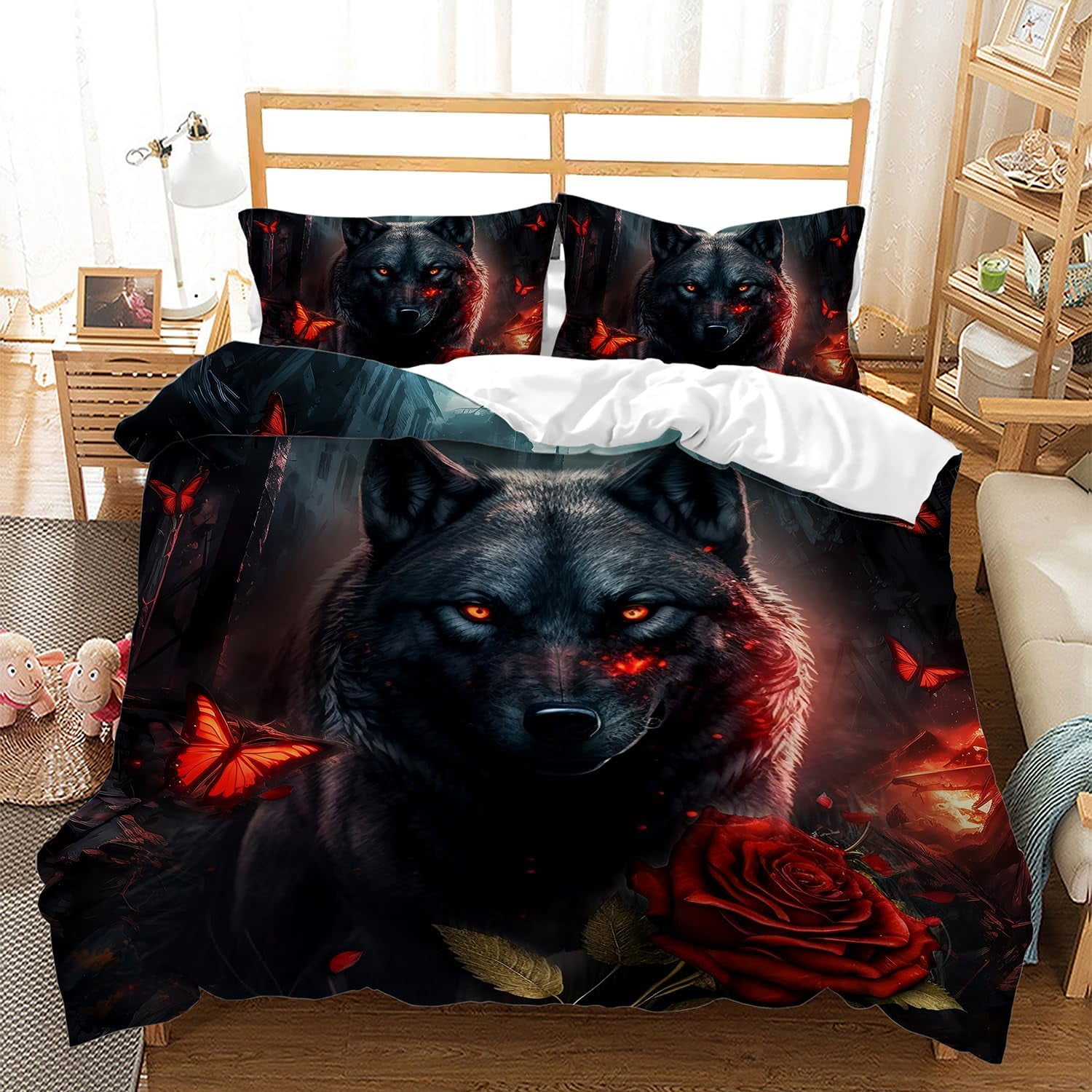 Wolf Duvet Cover Set, 3D Smoke City Cool Wolf Bedding Set Red Rose ...